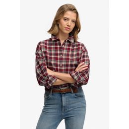 Karobluse Superdry "CHECK FLANNEL RELAXED SHIRT", Damen, Gr. XL, bordeaux rot check, Web, Obermaterial: 100% Baumwolle, kariert, relaxed fit normal, Blusen Karobluse, Baumwolle, relaxed fit, aus weichem Flanell