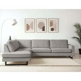 Ecksofa Home Affaire "Pinto, 290 cm, Cord, Chenille, Lederoptik, Ottomane links / rechts", silber grau, B:290cm H:85cm T:217cm, 100% Polyester, Sofas, Ecksofa, mit Keder, schwarze Metallf&uuml;&szlig;e, Wellenunterfederung