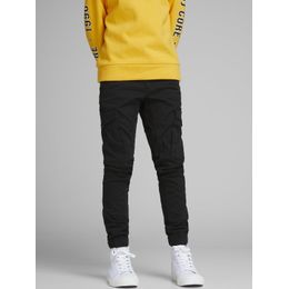 Jack & Jones Cargohose JACK & JONES JUNIOR "JPSTPAUL JJFLAKE AKM 542 NOOS MNI", Jungen, Gr. 128, N-Gr, schwarz, Web, Obermaterial: 98% Baumwolle, 2% Elasthan, unifarben, slim fit kn&ouml;chellang, Hosen Cargohose