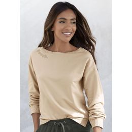 Sweatshirt BENCH. LOUNGEWEAR, Damen, Gr. 32/34, beige, angeraute Sweatware, Obermaterial: 95% Baumwolle, 5% Elasthan, unifarben, Basic, Sweatshirts Sweatshirt, mit gerafften &Auml;rmelb&uuml;ndchen, Loungeanzug