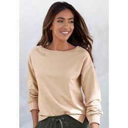 Sweatshirt BENCH. LOUNGEWEAR, Damen, Gr. 36/38, beige, angeraute Sweatware, Obermaterial: 95% Baumwolle, 5% Elasthan, unifarben, Basic, Sweatshirts Sweatshirt, mit gerafften &Auml;rmelb&uuml;ndchen, Loungeanzug