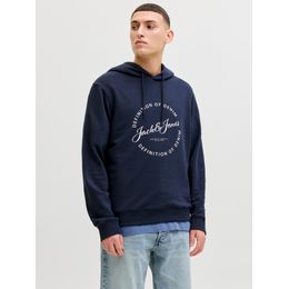Jack & Jones Kapuzensweatshirt JACK & JONES "JJGRAYSON SWEAT HOOD", Herren, Gr. S, navy blazer, angeraute Sweatware, Obermaterial: 60% Polyester, 40% Baumwolle, bedruckt, regular fit, Rippb&uuml;ndchen, Sweatshirts Kapuzensweatshirt