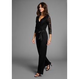 Jumpsuit Laura Scott, Damen, Gr. 44, N-Gr, schwarz, Milano Rib, Obermaterial: 70% Viskose, 25% Polyester, 5% Elasthan. Spitze: 92% Polyamid, 8% Elasthan, leicht transparent, unifarben, figurbetont lang, V-Ausschnitt, Overalls Jumpsuit, mit Spitzenoberteil und Satin-Bindeg&uuml;rtel, Topseller