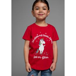 T-Shirt Kidsworld "Mit Einhorn-Druck und Glitzereffekten", M&auml;dchen, Gr. 104/110, rot, Jersey, Obermaterial: 100% Baumwolle, bedruckt, Basic h&uuml;ftlang, Rundhals, abgesteppte Kante, Shirts T-Shirt, mit stylischem Einhorn-Print, Topseller