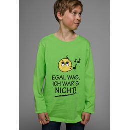 Langarmshirt Kidsworld "EGAL WAS, ICH WAR'S NICHT", Jungen, Gr. 176/182, gr&uuml;n (lime, gr&uuml;n), Jersey, Obermaterial: 100% Baumwolle, bedruckt, Basic, Rundhals, Shirts Langarmshirt, Langarm, Basic-Passform, peppiger Aufdruck, Rundhalsausschnitt, Topseller