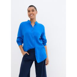 Langarmbluse bonprix "Musselin-Longbluse aus Baumwolle", Damen, Gr. 52, blau (azurblau), Obermaterial: 100% Baumwolle, oversize, Blusen Langarmbluse, Oversize-Passform, mit Seitenschlitzen, aus Musselin