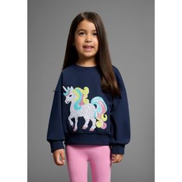 Sweatshirt Kidsworld "Einhorn-Applikation f&uuml;r kleine M&auml;dchen", M&auml;dchen, Gr. 140/146, blau (marine), angeraute Sweatware, Obermaterial: 100% Baumwolle, bedruckt, bestickt, Basic h&uuml;ftlang, Rundhals, Rippb&uuml;ndchen, Sweatshirts Sweatshirt, Sweatshirt mit schimmernden Pailletten-Applikationen