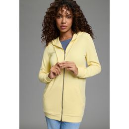 Sweatjacke Flashlights, Damen, Gr. 40/42, hellgelb, Interlock, Obermaterial: 95% Baumwolle, 5% Elasthan. Kapuzenfutter: 100% Baumwolle, unifarben, Basic, l&auml;ssig geschnitten Po-bedeckend, Sweatjacken Sweatjacke, in langer Form mit Zipper