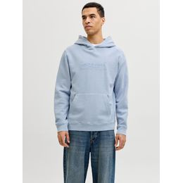 Jack & Jones Kapuzensweatshirt JACK & JONES "JPRBLUAIDEN HOOD SWEAT", Herren, Gr. L, ashley blau, angeraute Sweatware, Obermaterial: 100% Baumwolle, bedruckt, regular fit normal, ohne Ausschnitt, Rippb&uuml;ndchen, Sweatshirts Kapuzensweatshirt, Baumwolle, regular fit