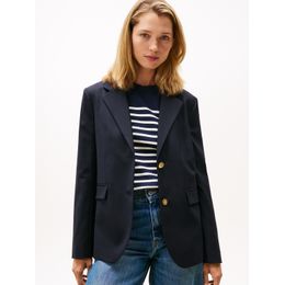 Longblazer Tommy Hilfiger "TIMELESS WOOL REG STRT SB BLAZER", Damen, Gr. 46, schwarz night navy, Web, Obermaterial: 54% Polyester, 44% Wolle, 2% Elasthan, unifarben, regular fit, V-Ausschnitt, Blazer Longblazer, mit Wolle