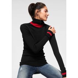 Rollkragenpullover AJC, Damen, Gr. 32/34 (XS), schwarz (schwarz, rot), Feinstrick, Obermaterial: 50% Baumwolle, 50% Polyacryl, kontrastfarbene Details, unifarben, figurbetont h&uuml;ftbedeckend, hoch geschlossener Ausschnitt, Rippb&uuml;ndchen, Pullover Rollkragenpullover, Feinstrick mit trendy Kontraststreifen