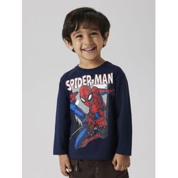 Langarmshirt name it "NMMJUICE SPIDER NREG LS TOP NOOS MAR", Jungen, Gr. 110, blau (navy blazer), Jersey, Obermaterial: 95% Baumwolle, 5% Elasthan, bedruckt, normal normal, Rundhals, Shirts Langarmshirt