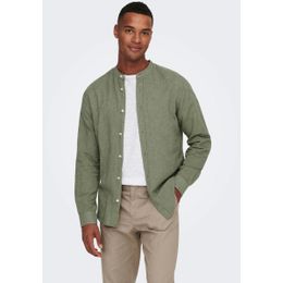 Only & Sons Langarmhemd ONLY & SONS "ONSCAIDEN LS SOLID LINEN MAO SHIRT NOOS", Herren, Gr. XXL, N-Gr, gr&uuml;n (swamp), Web, Obermaterial: 55% Baumwolle, 45% Leinen, unifarben, slim fit, Rundhals, 2-Knopf-Manschette, Hemden Langarmhemd