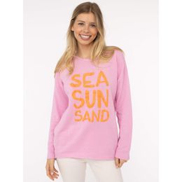 Sweater Zwillingsherz "Sea Sand Sun", Damen, Gr. L/XL, rosa, Web, Obermaterial: 70% Baumwolle, 30% Polyester, bedruckt, unifarben, h&uuml;ftbedeckend, Rundhals, Sweatshirts Sweater, Flock-Print, ausgefranster Rundhalsausschnitt, Langarm