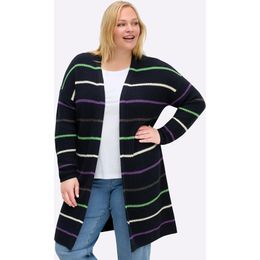 Longstrickjacke sheego, Damen, Gr. 52/54, blau (tiefblau, geringelt), 100% Baumwolle, gemustert, gestreift, mehrfarbig, Strickjacken Longstrickjacke