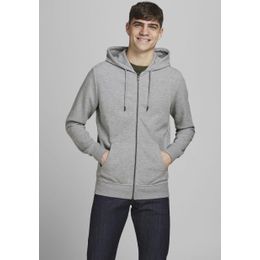 Jack & Jones Kapuzensweatjacke JACK & JONES "JJEBASIC Hoodie mit Rippb&uuml;ndchen und angenehmem Tragegef&uuml;hl", Herren, Gr. L, grau (hellgrau, meliert), Sweatware, Obermaterial: 85% Baumwolle, 15% Polyester, unifarben, normal h&uuml;ftbedeckend, Rundhals, Rippb&uuml;ndchen, Sweatjacken Kapuzensweatjacke, unifarben, modisch, regular fit, Baumwollmischung, Rundhals, Topseller