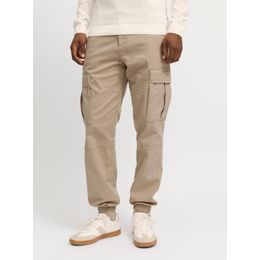 Jack & Jones Cargohose JACK & JONES "JPSTKANE JJJONNIE CUFFED CARGO", Herren, Gr. 28, L&auml;nge 30, crockery, Web, Obermaterial: 98% Baumwolle, 2% Elasthan, unifarben, loose fit kn&ouml;chellang, Hosen Cargohose