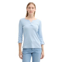 Langarmshirt Tom Tailor, Damen, Gr. XXXL(46), blau (light fjord blau wei&szlig; stripe), Single Jersey, Obermaterial: 97% Baumwolle, 3% Elasthan, gestreift, figurbetont h&uuml;ftlang, Rundhals, eingesetzt,mit Kn&ouml;pfen abgesteppt krempelbar,verstellbar, Shirts Langarmshirt, mit Henley-Ausschnitt