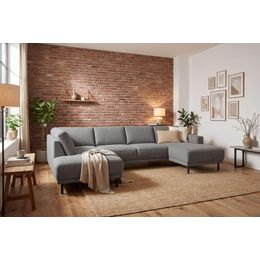 Wohnlandschaft Home Affaire "Sveeva, U-Form, XXL, B.310 cm, schwarze Metallf&uuml;&szlig;e", taupe, B:310cm H:78cm T:197cm, 100% PES, Sofas, Wohnlandschaft, langlebiger Webstoff, mit Wellenunterfederung, viele Farben