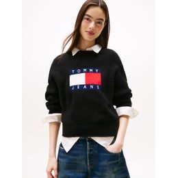 Strickpullover Tommy Jeans "TJW MELANGE FLAG SWEATER RIB EXT", Damen, Gr. L (40), schwarz htr, Strick, Obermaterial: 70% Polyacryl, 23% Polyamid, 5% Wolle, 2% Elasthan, meliert, figurbetont normal, Rundhals, Pullover Strickpullover, in gerippter Struktur