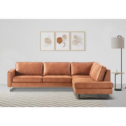 Ecksofa Home Affaire "Pinto, 290 cm, Cord, Chenille, Lederoptik, Ottomane links / rechts", braun (cognac), B:290cm H:85cm T:217cm, Luxus-Microfaser in Lederoptik (100% Polyester);Cord (92% Polyester, 8% Polyamide), Sofas, Ecksofa, mit Keder, schwarze Metallf&uuml;&szlig;e, Wellenunterfederung
