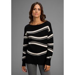 Strickpullover Laura Scott, Damen, Gr. 46, schwarz (schwarz sand gemuster), Feinstrick, Obermaterial: 50% Viskose, 28% Polyester, 22% Polyamid, gemustert, figurumspielend h&uuml;ftbedeckend, U-Boot-Ausschnitt, Rippb&uuml;ndchen, Pullover Strickpullover, Feinstrickpullover mit sch&ouml;nem Streifenmuster