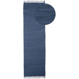 Teppich CarpetFine "Kelim Chindi uni, auch als L&auml;ufer", blau, B:80cm H:5mm L:400cm, Baumwolle, Teppiche, Teppich, Wendeteppich, reine Baumwolle, handgewebt, Uni-Farben, mit Fransen