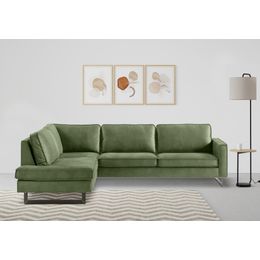 Ecksofa Home Affaire "Pinto, 290 cm, Cord, Chenille, Lederoptik, Ottomane links / rechts", gr&uuml;n, B:290cm H:85cm T:217cm, Luxus-Microfaser in Lederoptik (100% Polyester);Cord (92% Polyester, 8% Polyamide), Sofas, Ecksofa, mit Keder, schwarze Metallf&uuml;&szlig;e, Wellenunterfederung