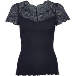 Spitzenshirt rosemunde "Beatha Lace Capsleeve T-Shirt", Damen, Gr. M, schwarz, Feinstrick, Obermaterial: 55% Seide, 45% Baumwolle, durchscheinend, gebl&uuml;mt, unifarben, eng h&uuml;ftbedeckend, V-Ausschnitt, Spitze, Shirts Spitzenshirt, wundersch&ouml;ne elastisch weiche Vintage-Spitze an Ausschnitt und &Auml;rmeln