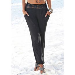 Strandhose Lascana, Damen, Gr. 46, N-Gr, schwarz, Obermaterial: 95% Viskose, 5% Elasthan. Spitze am Bund: 90% Baumwolle, 10% Elasthan, unifarben, bodenlang, Hosen Strandhose, mit H&auml;kelbund und Taschen, Jerseyhose, elastisch, bequem, Topseller