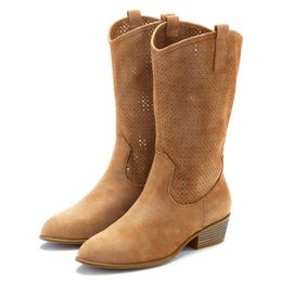Westernstiefel Lascana, Damen, Gr. 36, braun (camelfarben), Obermaterial: 100% Textilmaterial. Decksohle: 100% Lederimitat. Futter: 100% Lederimitat. Laufsohle: 100% Synthetik, unifarben, Schuhe Westernstiefel, Sommer Boots, Ankle Stiefelette, Schlupfstiefel, Cowboy-Look, Cut-Outs, Topseller
