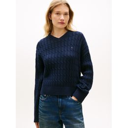 Strickpullover Tommy Hilfiger "CO CABLE MID GG RLX LS V-NK SWT", Damen, Gr. M (40), schwarz night navy, Strick, Obermaterial: 100% Baumwolle, unifarben, relaxed fit normal, V-Ausschnitt, Pullover Strickpullover, mit Zopfmuster