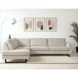 Ecksofa Home Affaire "Pinto, 290 cm, Cord, Chenille, Lederoptik, Ottomane links / rechts", creme, B:290cm H:85cm T:217cm, 100% Polyester, Sofas, Ecksofa, mit Keder, schwarze Metallf&uuml;&szlig;e, Wellenunterfederung