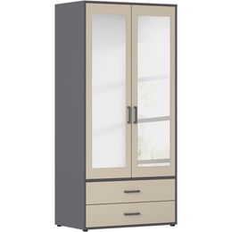 Dreht&uuml;renschrank Rauch "Kleiderschrank Schrank Garderobe W&auml;scheschrank VOYAGER", beige (champagner), graumetallic, B:93cm H:194cm T:53cm, Holzwerkstoff, Schr&auml;nke, Dreht&uuml;renschrank, mit modernen Griffen in Graumetallic, inkl. Schubk&auml;sten und Spiegel