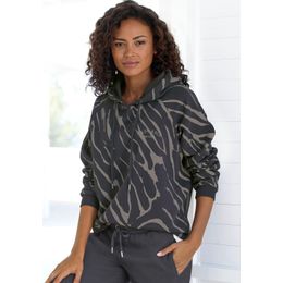 Kapuzensweatshirt Lascana, Damen, Gr. 44/46, grau (dunkelgrau, taupe), Sweatware, Obermaterial: 60% Baumwolle, 40% Polyester, bedruckt, bestickt, gemustert, bequem h&uuml;ftlang, Rundhals, Raglan&auml;rmel Rippb&uuml;ndchen, Sweatshirts Kapuzensweatshirt, mit Zebramuster, Loungewear, Topseller