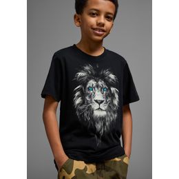 T-Shirt Kidsworld "Mit L&ouml;wenprint: LION WITH BLUE EYES", Jungen, Gr. 140/146, schwarz, Jersey, Obermaterial: 100% Baumwolle, bedruckt, Basic, Rundhals, Shirts T-Shirt, Kurzarm, Basic-Passform, mit trendigem Druck, Rundhalsausschnitt, Topseller