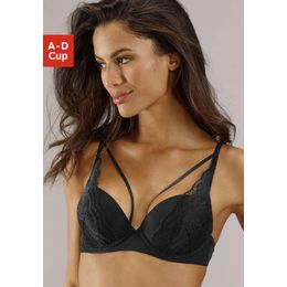 Push-up-BH s.Oliver "Alice", Damen, Gr. 80, Cup A, schwarz, Microtouch, Obermaterial: 60% Polyamid, 35% Polyester, 5% Elasthan, BHs Push-up-BH, mit Spitze und B&auml;nder-Optik, Dessous