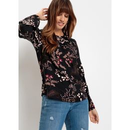 Langarmbluse bonprix "Bluse aus nachhaltiger Viskose", Damen, Gr. 36, schwarz (schwarz gebl&uuml;mt), Obermaterial: 100% Viskose, figurumspielend, Blusen Langarmbluse, figurumspielende Passform, f&uuml;r vielseitige Anl&auml;sse, aus Viskose