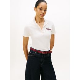 Poloshirt Tommy Hilfiger "SCRIPT SLIM SS POLO", Damen, Gr. L (40), ivory silk, Single Jersey, Obermaterial: 96% Baumwolle, 4% Elasthan, unifarben, slim fit, Shirts Poloshirt
