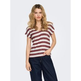 V-Shirt Only "ONLLIRA LIFE S/S V-NECK TOP JRS NOOS", Damen, Gr. L, spiced apple stripes:cloud dancer, Jersey, Obermaterial: 95% Viskose, 5% Elasthan, gestreift, regular fit normal, V-Ausschnitt, Shirts V-Shirt