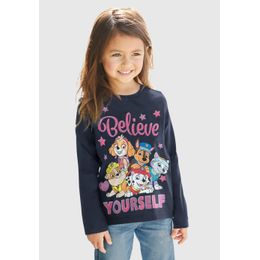 Langarmshirt PAW PATROL, M&auml;dchen, Gr. 128/134, blau, Jersey, Obermaterial: 100% Baumwolle, bedruckt, Basic h&uuml;ftlang, Rundhals, abgesteppte Kante, Shirts Langarmshirt, Schriftzug mit PAW PATROL Team