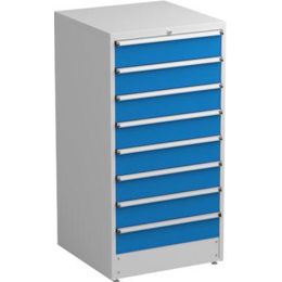 Schubladenschrank treston, 9 Schubladen, abschlie&szlig;bar, B 715 x T 715 x H 1400 mm, Stahl, lichtgrau RAL 7035/blau RAL 5007