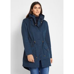 Parka bonprix "Baumwoll-Kurzparka mit Stehkragen, talliert", Damen, Gr. 38, blau (dunkelblau), Twill, Obermaterial: 100% Baumwolle. Futter: 100% Polyester, unifarben, tailliert ca. Mitte Oberschenkel, abgesteppte Kante, Jacken Parka, taillierte Passform, mit Stehkragen und Tunnelzug