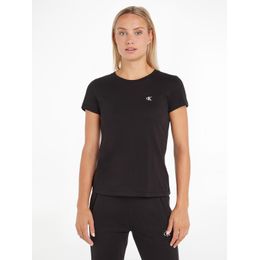T-Shirt Calvin Klein Jeans "CK EMBROIDERY SLIM TEE", Damen, Gr. XS (34), schwarz (ck schwarz), Jersey, Obermaterial: 100% Baumwolle, bestickt, unifarben, Basic, Basic, Rundhals, abgesteppte Kante, Shirts T-Shirt, mit gesticktem CK Logo auf der Brust