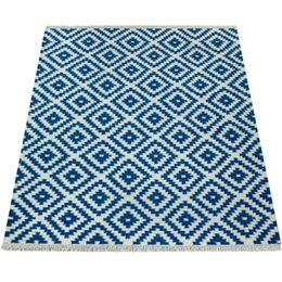 Wollteppich Paco Home "Kenitra 500", blau (blau, wei&szlig;), B:80cm H:12mm L:150cm, Wolle, Teppiche, Wollteppich, Flachgewebe, reine Wolle, handgewebt, Rauten Design, mit Fransen