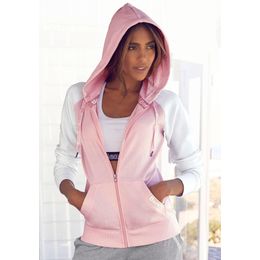 Kapuzensweatjacke BENCH. LOUNGEWEAR, Damen, Gr. 32/34, rosa (rosa, wei&szlig;), Sweatware, Obermaterial: 60% Baumwolle, 40% Polyester, mehrfarbig, Basic, bequem h&uuml;ftbedeckend, ohne Ausschnitt, breiter Bund, Sweatjacken Kapuzensweatjacke, mit farblich abgesetzten &Auml;rmeln, Loungeanzug, Topseller