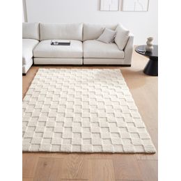 Teppich "Esm&eacute;, Hochflor-Teppiche, weich, Boho" Gr. 1, beige (natur), B:70cm H:23mm L:90cm, Kunstfaser, LeGer Home by Lena Gercke, Teppiche, Teppich, Hoch-Tief-Struktur, Uni, K&auml;stchen, Wohnzimmer, Schlafzimmer, Esszimmer
