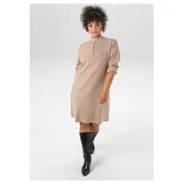 Strickkleid ANISTON PLUS, Damen, Gr. 44, N-Gr, braun (camel), Strick, Obermaterial: 50% Viskose, 28% Polyester, 22% Polyamid, unifarben, figurumspielend kniebedeckend, Rippstrickb&uuml;ndchen, Kleider Strickkleid, mit Stehkragen und Rei&szlig;verschluss
