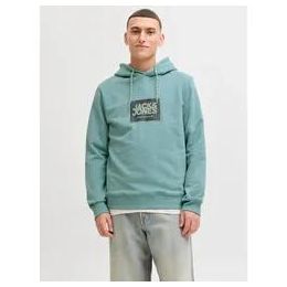 Jack & Jones Kapuzensweatshirt JACK & JONES "JJRAIN SWEAT HOOD UNB", Damen, Gr. XS, mineral blau, Sweatware, Obermaterial: 100% Baumwolle, bedruckt, regular fit h&uuml;ftlang, Rundhals, Rippb&uuml;ndchen, Sweatshirts