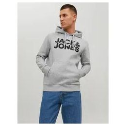 Jack & Jones Kapuzensweatshirt JACK & JONES "JJECORP Kapuze und Frontprint", Herren, Gr. XL, grau (light grau melange), Obermaterial: 68% Baumwolle, 28% Polyester, 4% Viskose, bedruckt, normal, Rundhals, B&uuml;ndchen, Sweatshirts, bedruckt, modisch, regular fit, Baumwollmischung, Rundhals